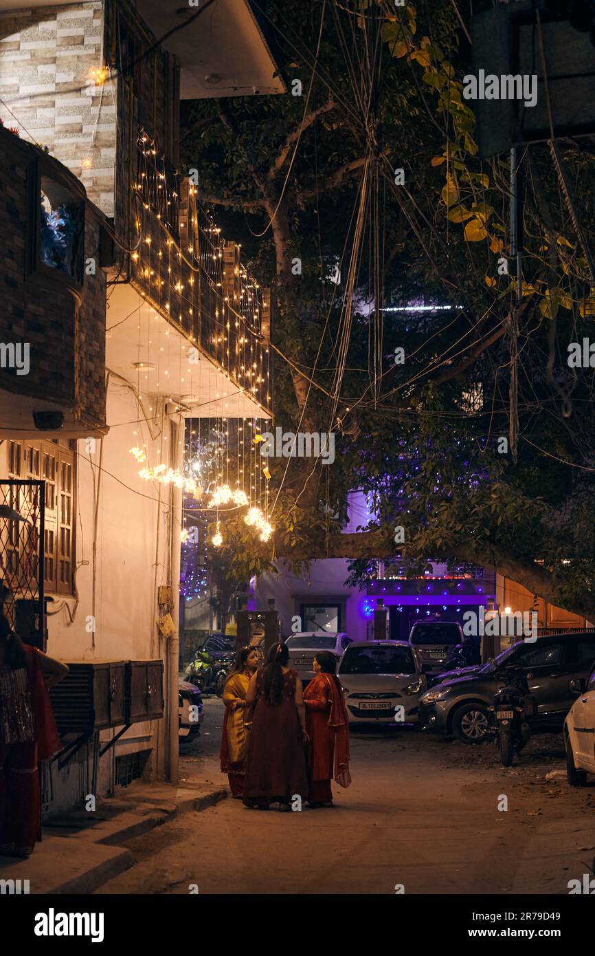 New Delhi, India - 2022.10.24 - Diwali night indian street decorations ...
