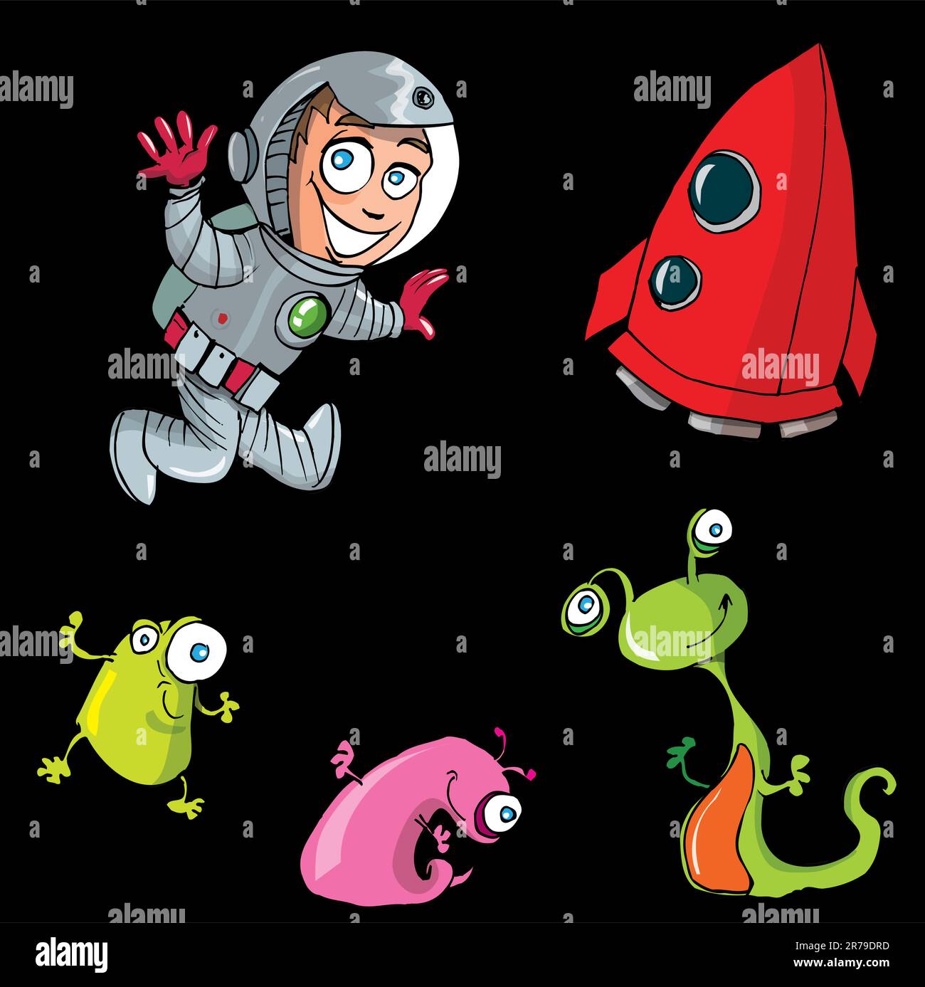 Cartoon boy astronaut with his spaceship and some aliens Stock Vector ...