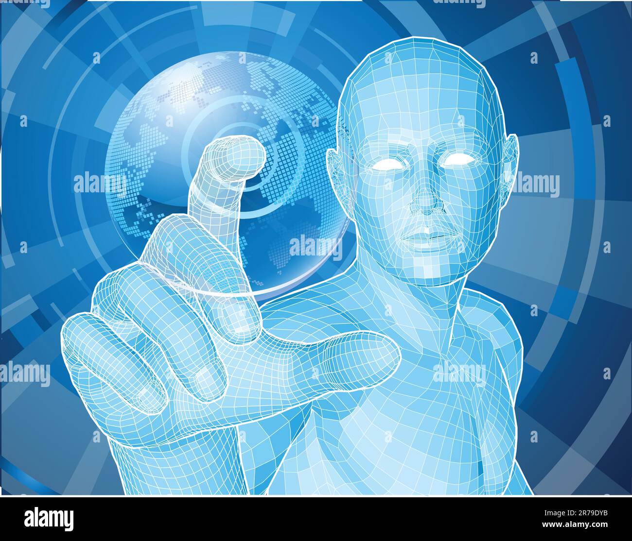 Corporate style background concept. Futuristic blue figure selecting a ...
