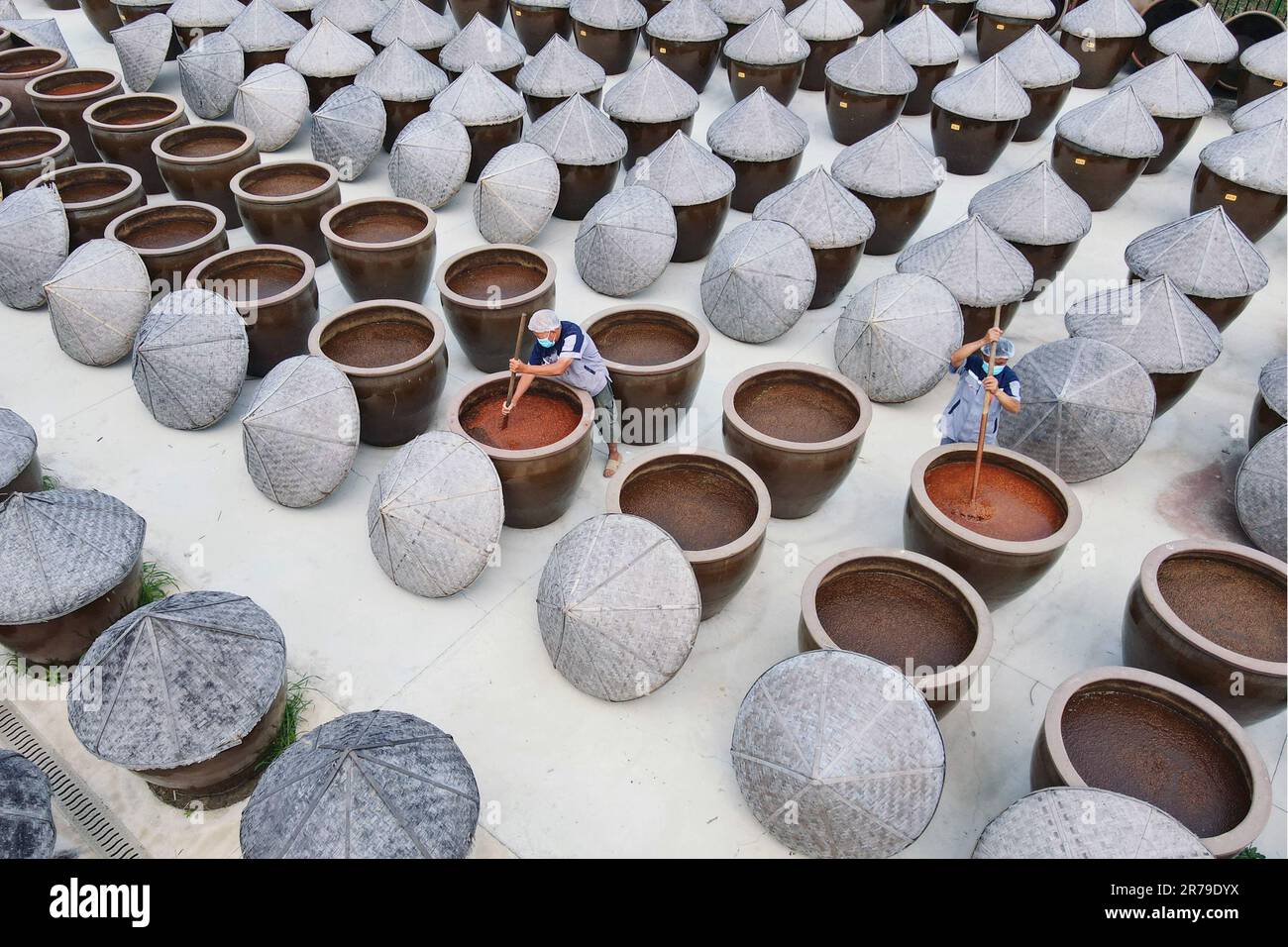 RUGAO, CHINA - JUNE 14, 2023 - A worker uses a wooden rake to stir ...