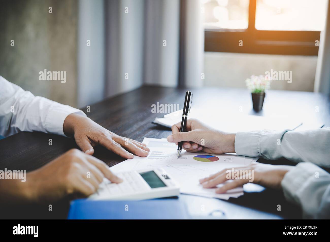 Business adviser analyzing financial figures denoting the progress in ...