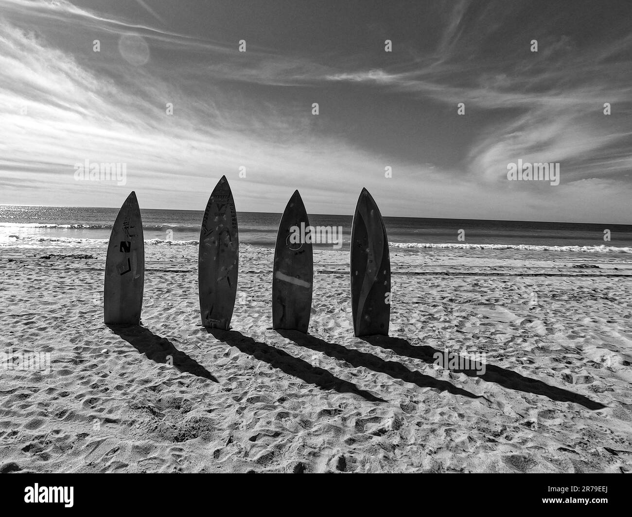 Summer beach seascape scene surfboards Black and White Stock Photos ...