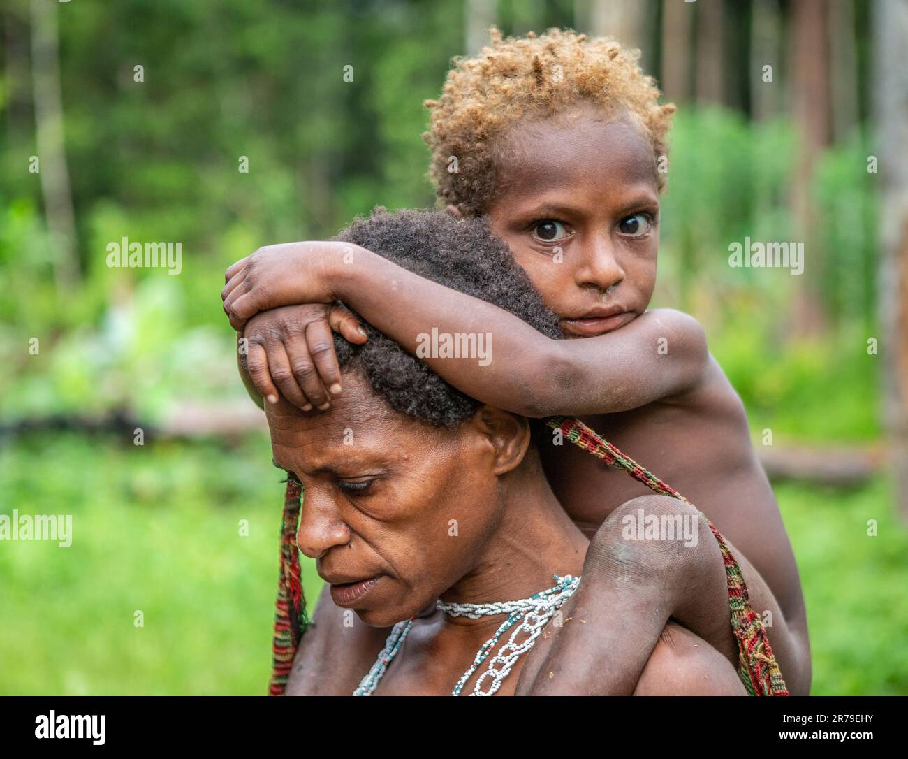 Woman of the Korowai tribe with a child on her shoulders. Tribe of ...
