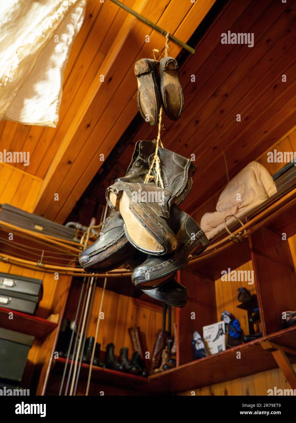 Clogs hanging up for sale in the original Co-op at Beamish Museum ...