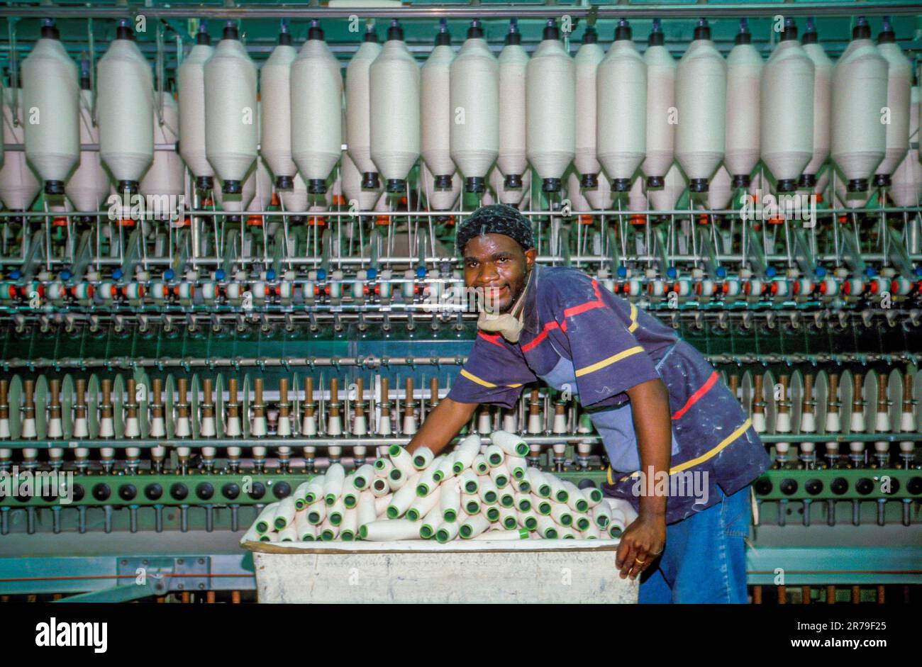 Zambia, Ndola, labourers of Swarp Spinning Mills with cotton yarn on ...