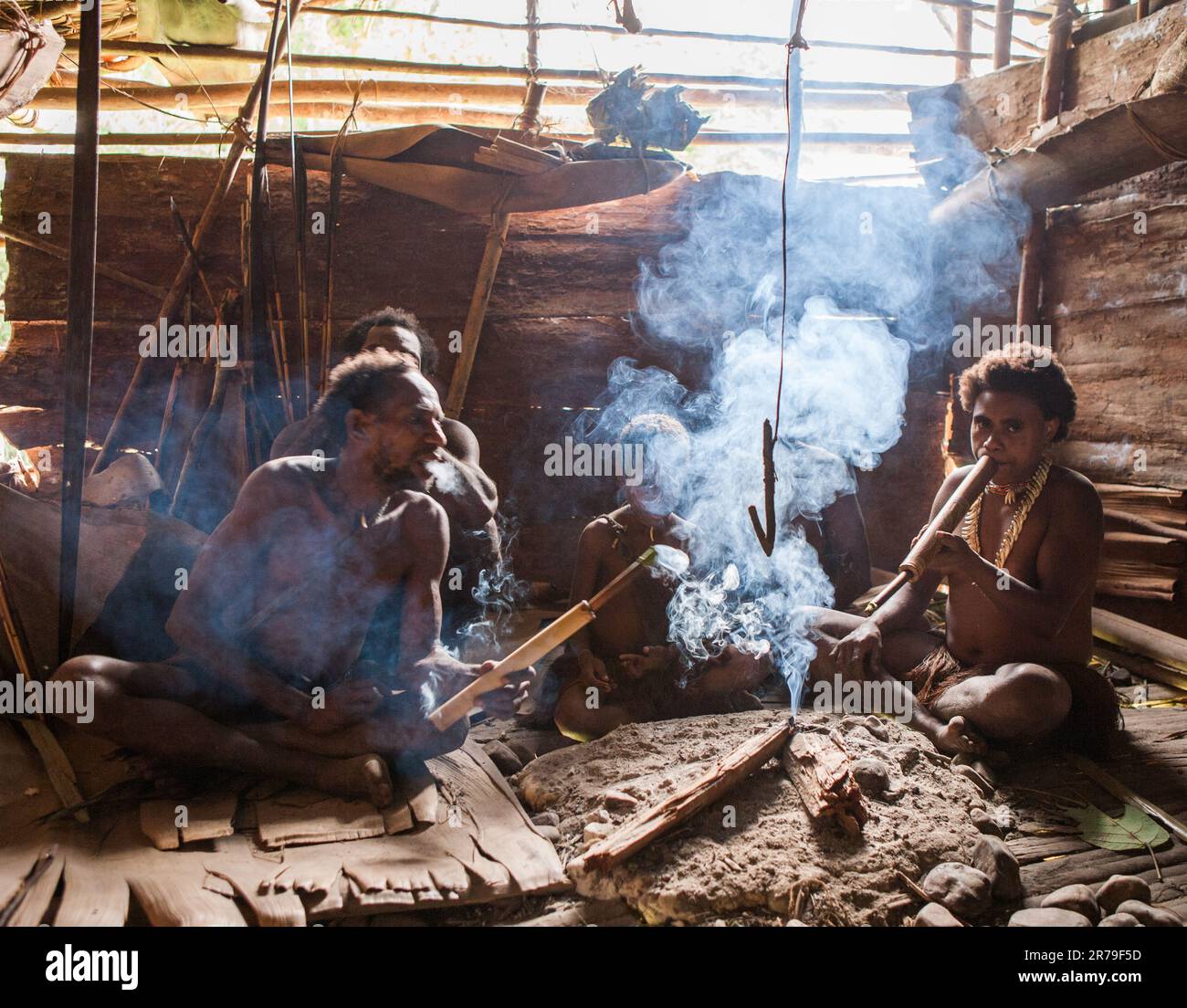 Korowai tribe Family are sitting by the fire in a traditional house ...