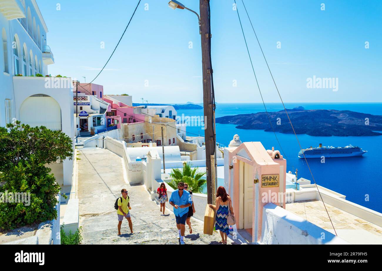 View of iconic Ipapantis street crowded with tourists sightseeing and ...