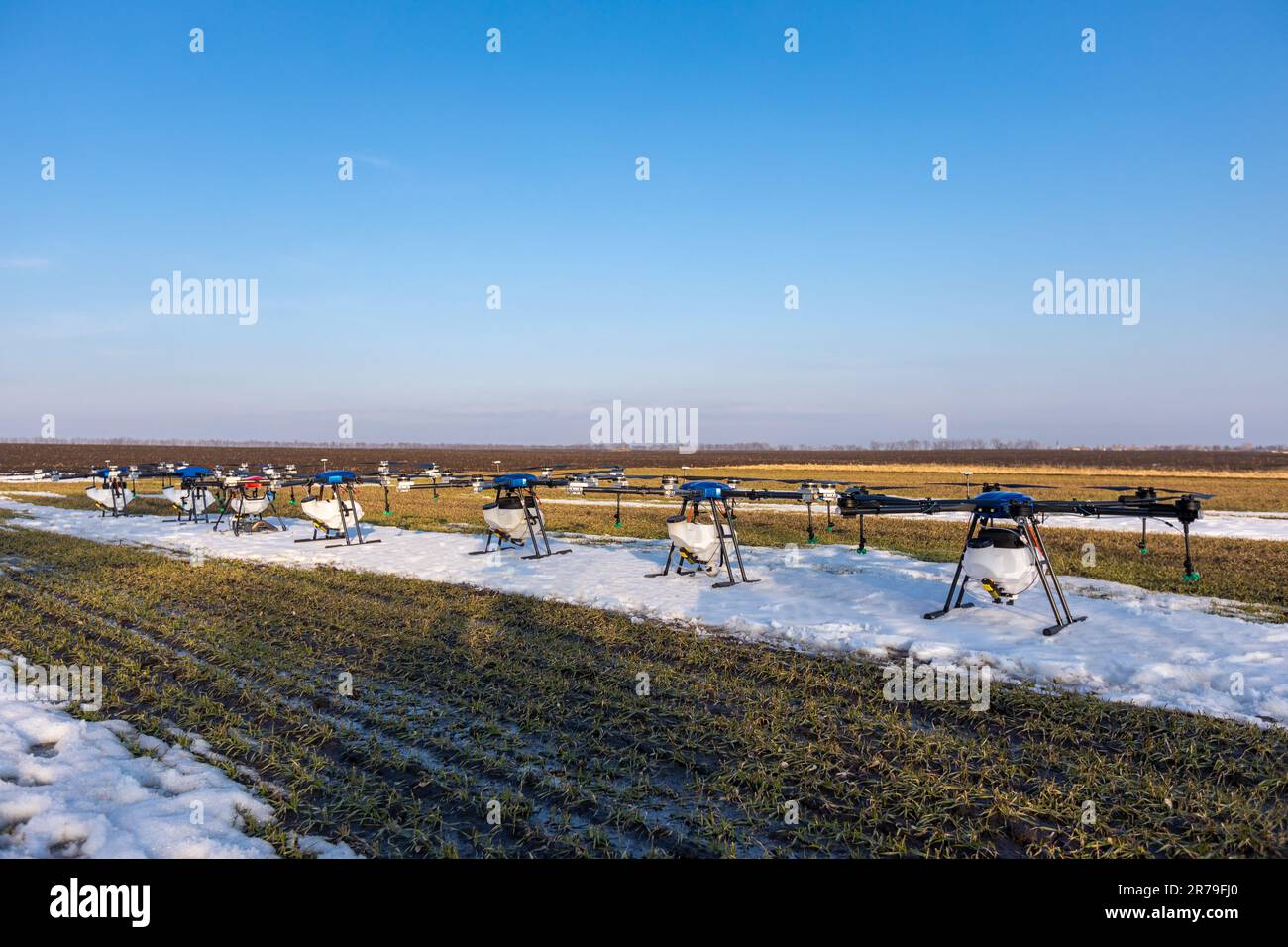 Many agrodrones are on the green field. The snow has not melted yet ...