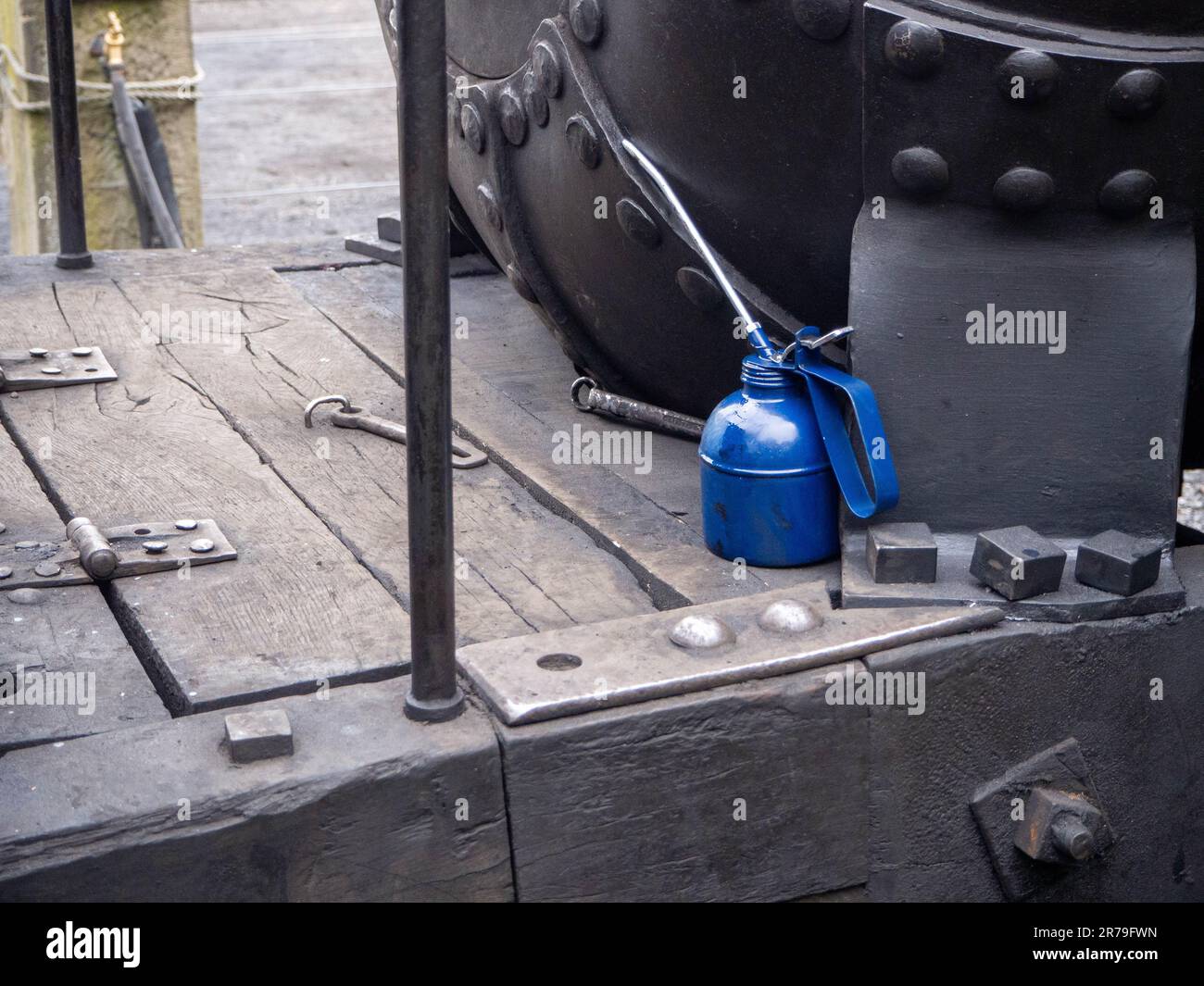 Blue oil can on the engine of Puffin Billy at Beamish Museum, County ...