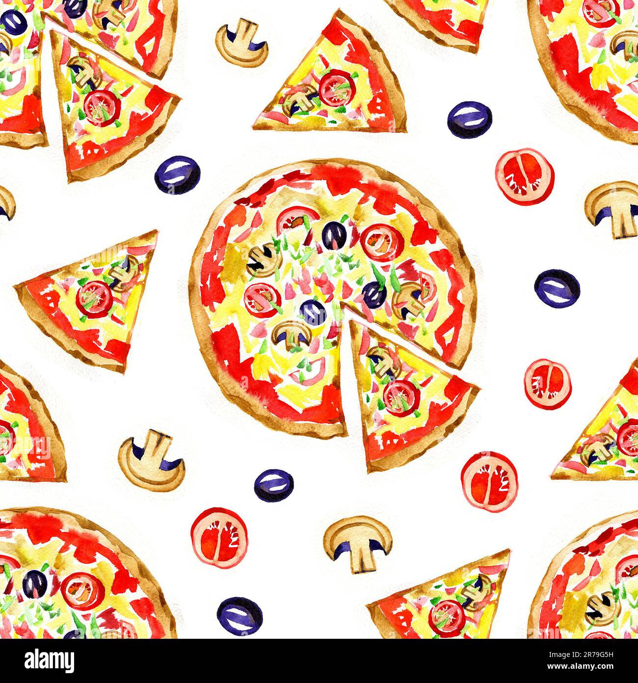 Watercolor seamless pattern of pizza. Hand drawn illustration isolated ...