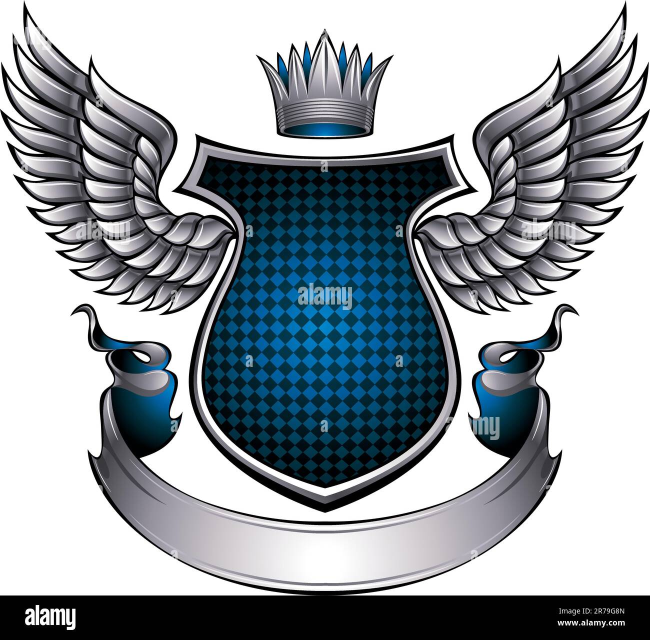 Classic style metallic emblem with wings, shield, ribbon and crown ...