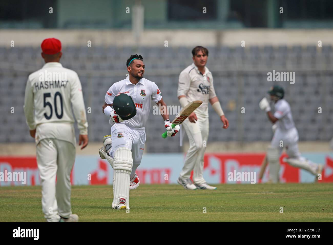 bangladeshi batter nazmul Hasan Shanto celebrates his hundred runs ...