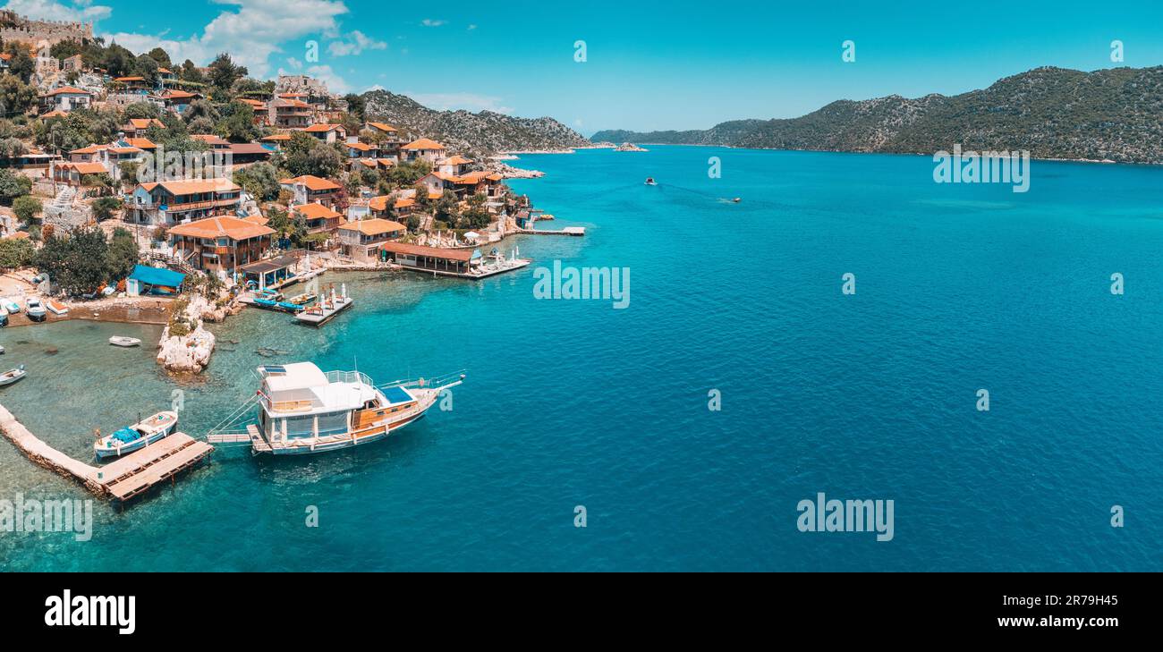 Aerial view of Simena castle and fishing and tourist village Kaleucagiz ...