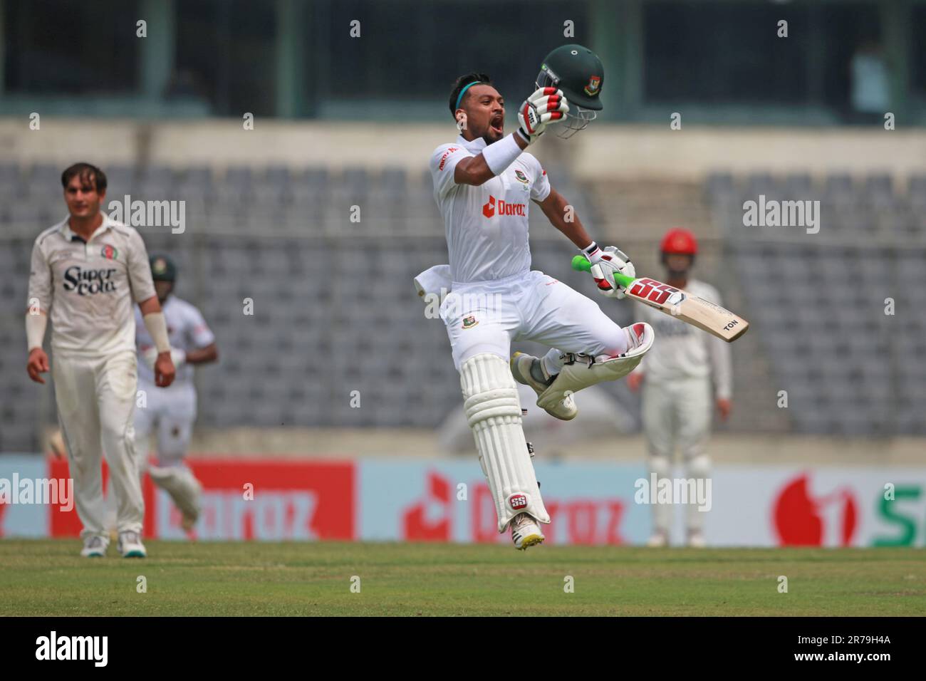 bangladeshi batter nazmul Hasan Shanto celebrates his hundred runs ...