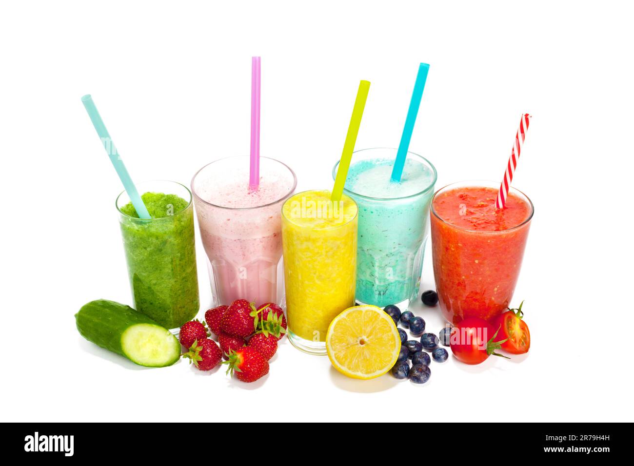 Collage of glasses with fresh delicious smoothie and straw on white ...