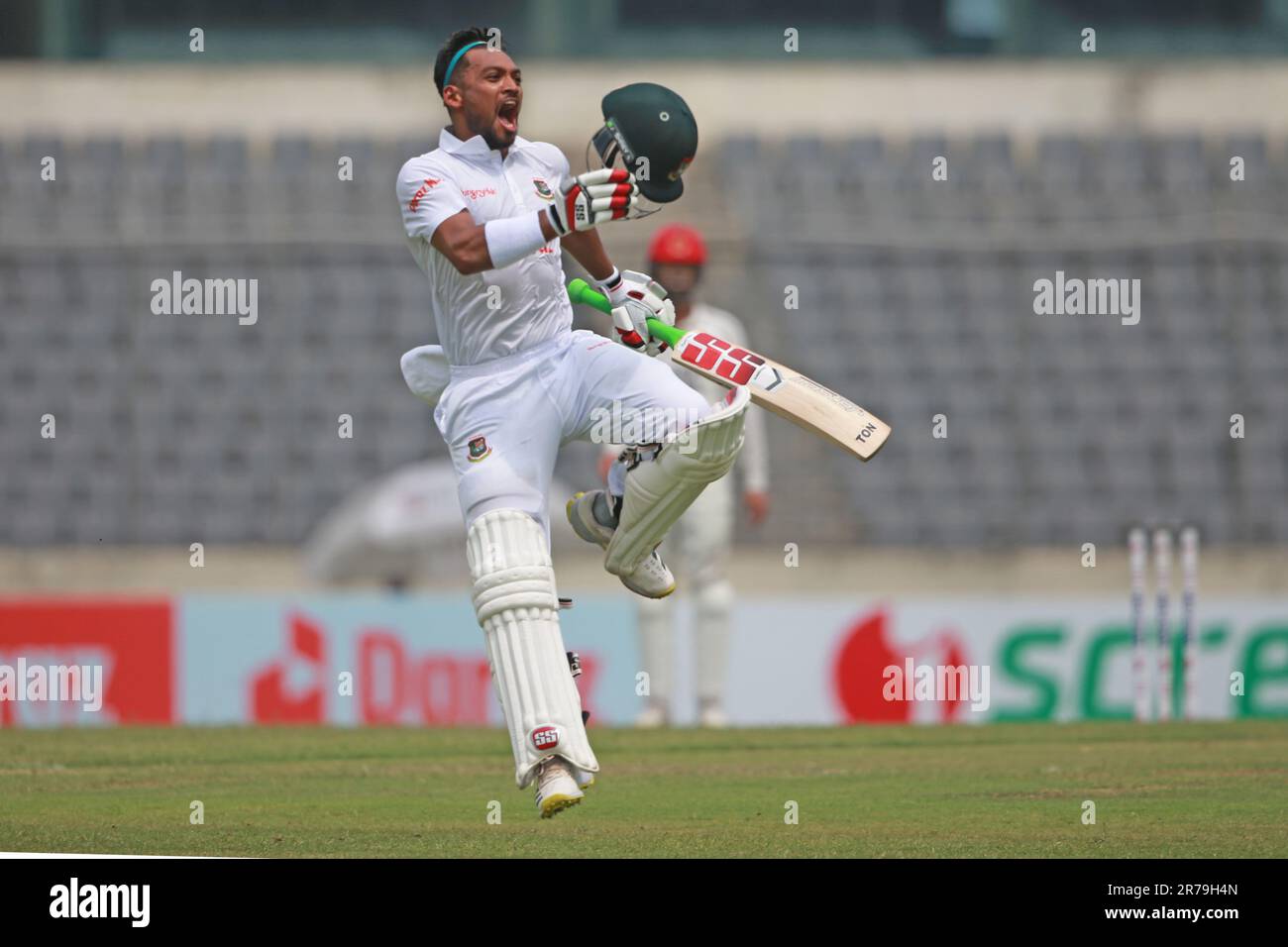 bangladeshi batter nazmul Hasan Shanto celebrates his hundred runs ...