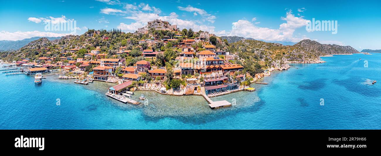 Aerial view of Simena castle and fishing and tourist village Kaleucagiz ...