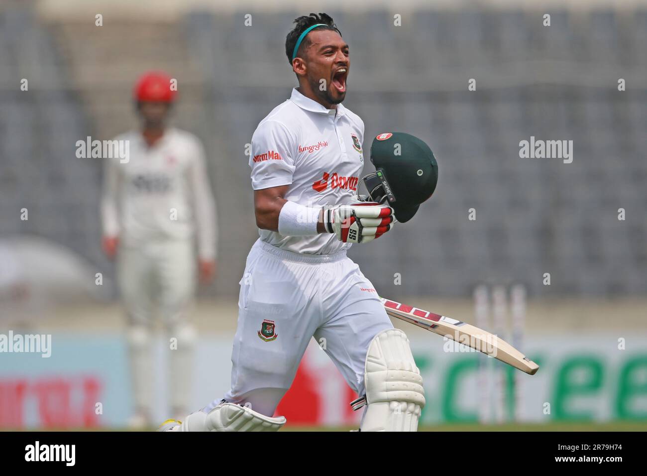 bangladeshi batter nazmul Hasan Shanto celebrates his hundred runs ...