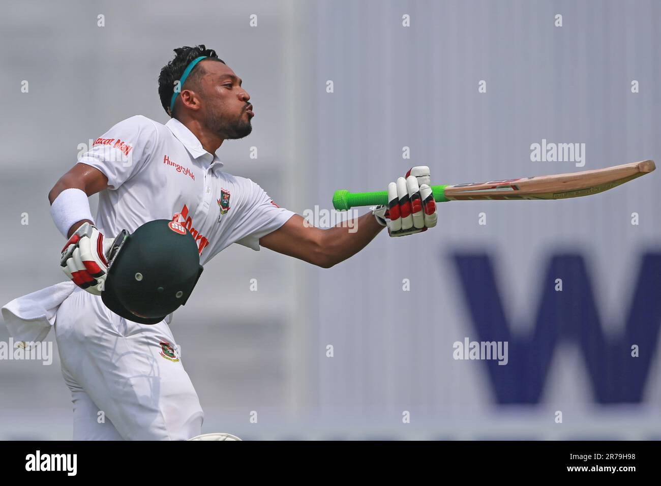 bangladeshi batter nazmul Hasan Shanto celebrates his hundred runs ...