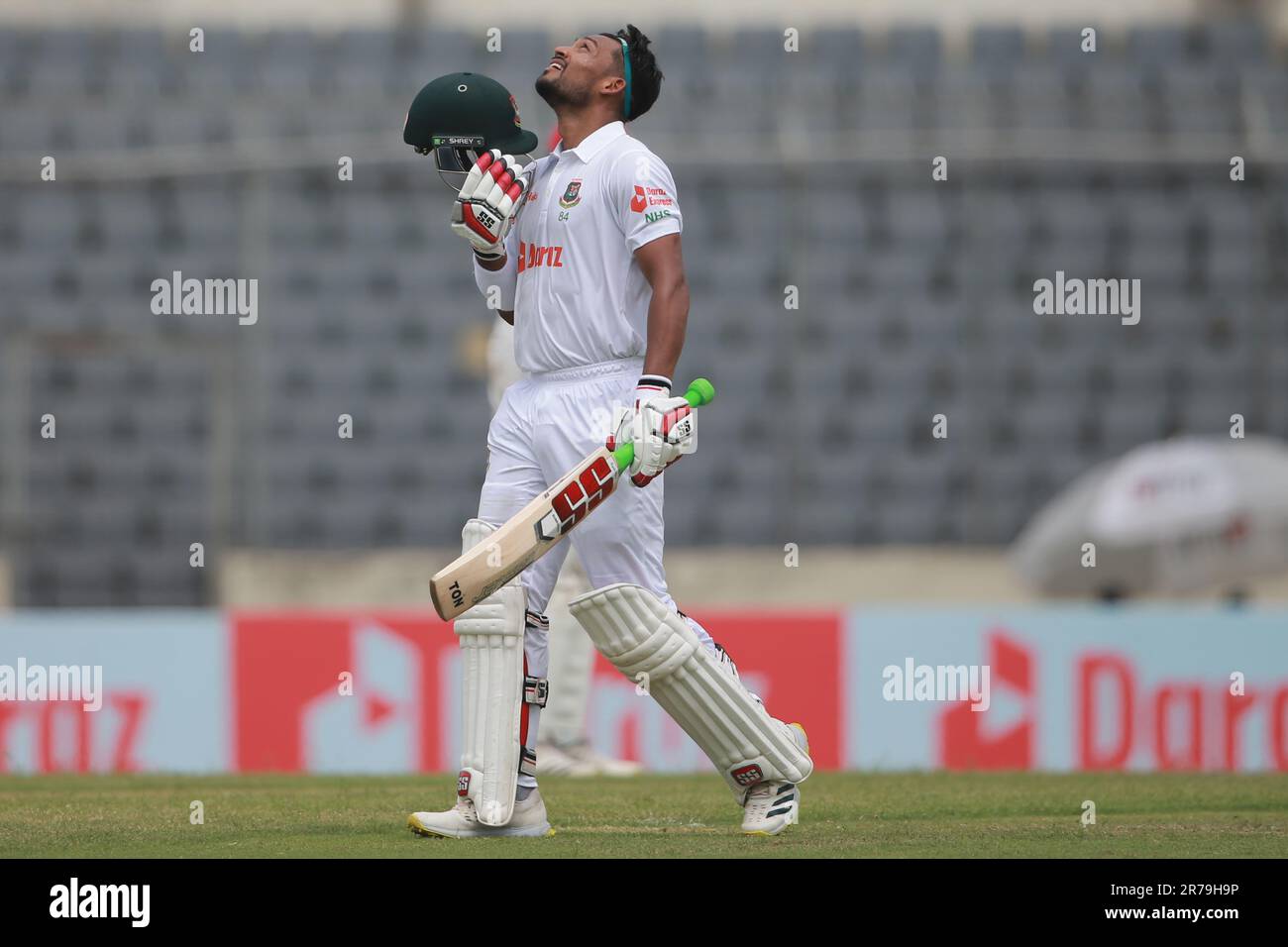 bangladeshi batter nazmul Hasan Shanto celebrates his hundred runs ...