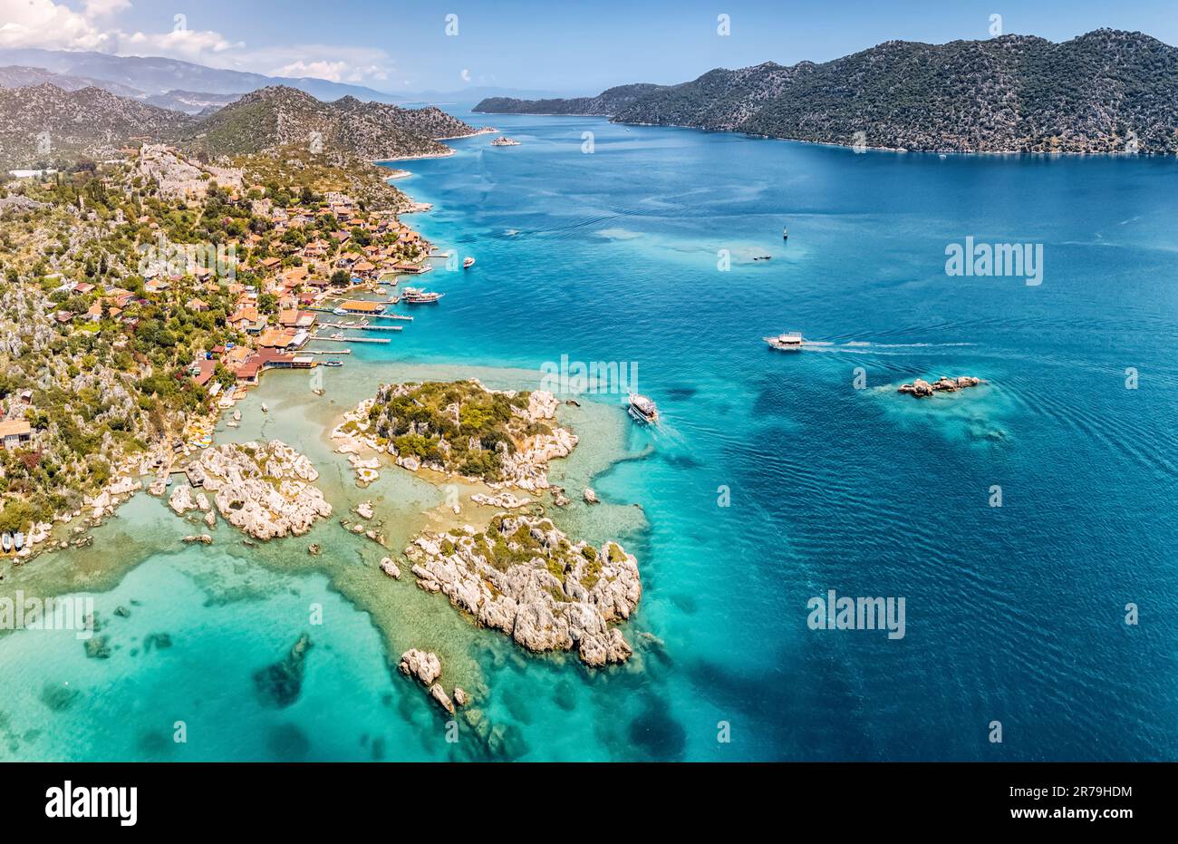 Aerial view of Simena castle and fishing and tourist village Kaleucagiz ...