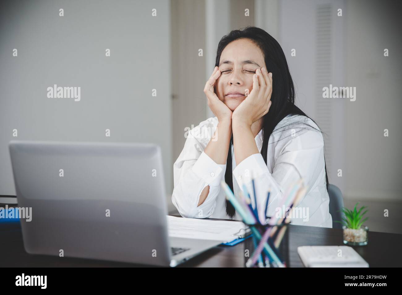 Stress business woman person from hard work, depression in office ...