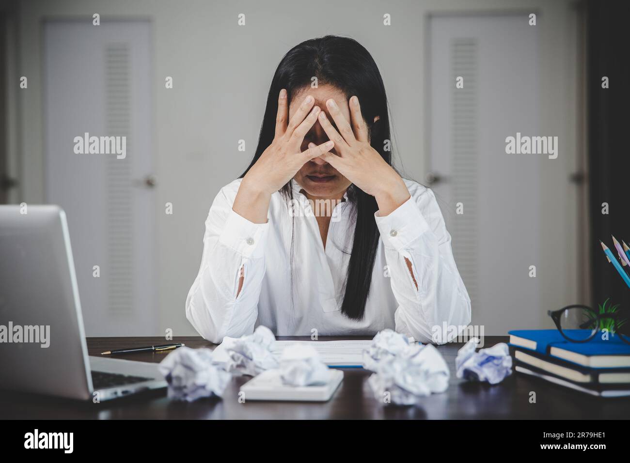 Stress business woman person from hard work, depression in office ...