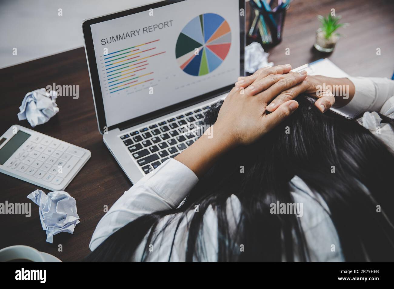 Stress business woman person from hard work, depression in office ...