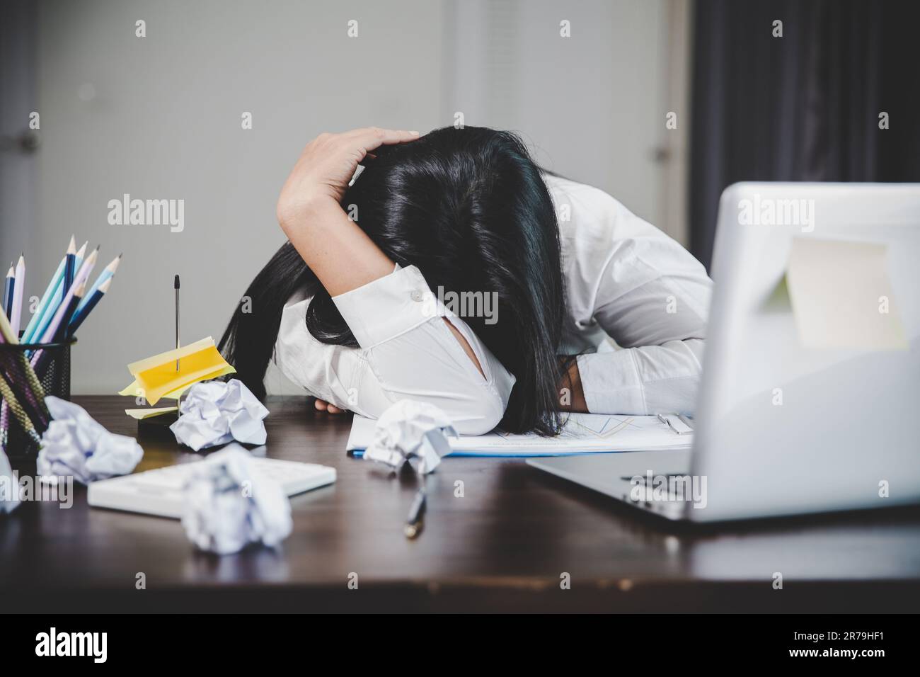 Stress business woman person from hard work, depression in office ...