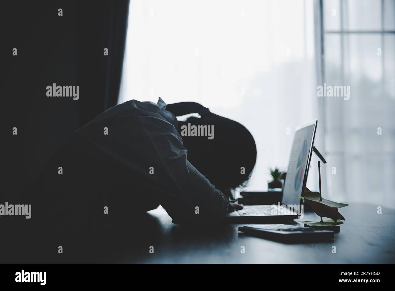 Stress business woman person from hard work, depression in office ...