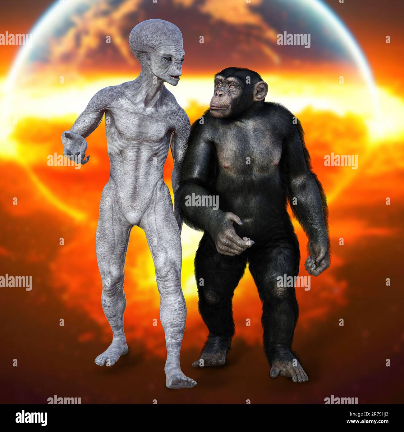 Humanoid alien and chimpanzee monkey on space background, 3D ...