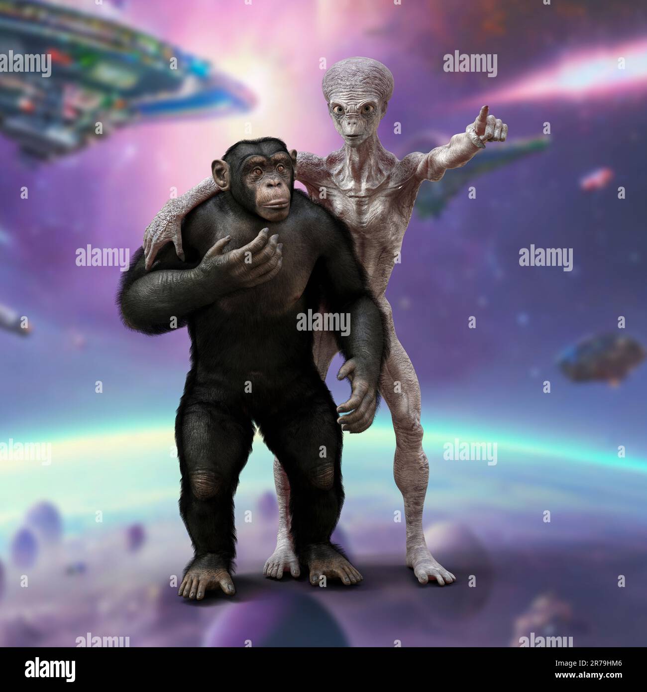 Humanoid alien and chimpanzee monkey on space background, 3D ...