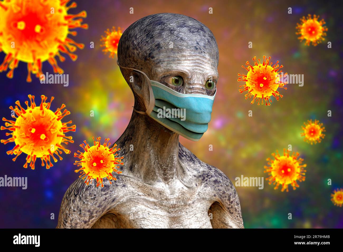 Alien in face mask surrounded by viruses, conceptual 3D illustration ...