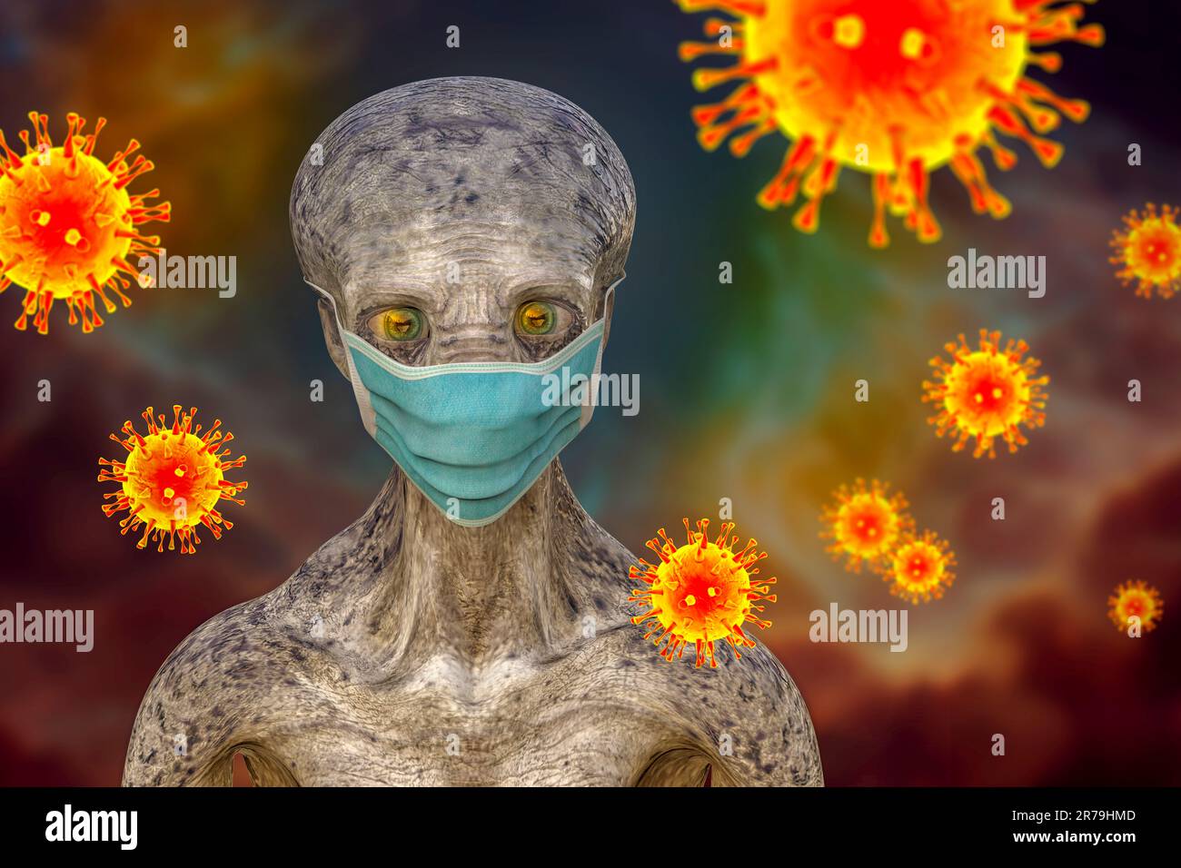 Alien in face mask surrounded by viruses, conceptual 3D illustration ...