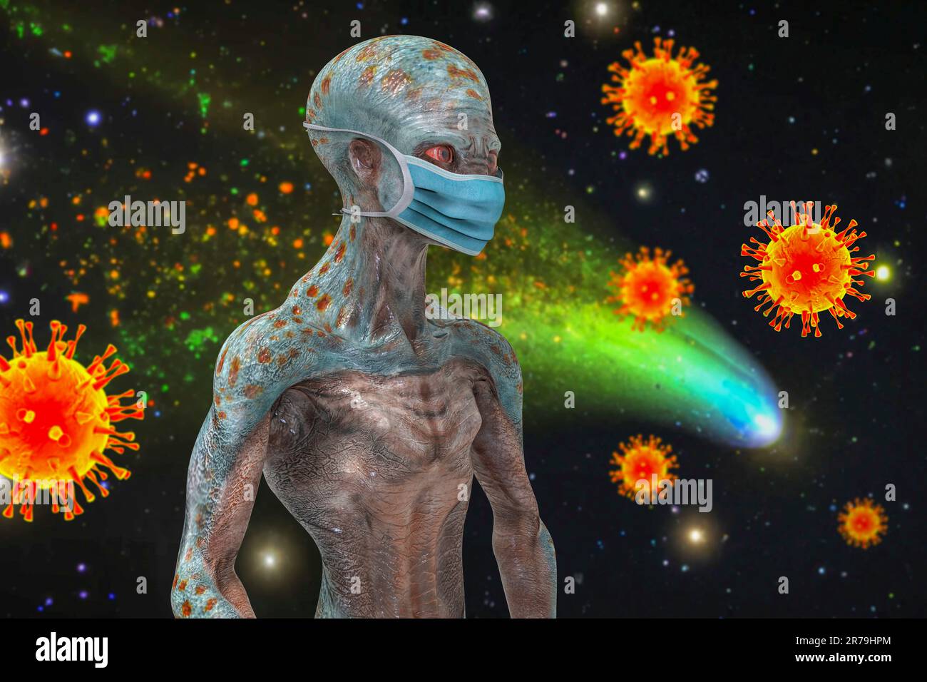 Humanoid alien in face mask surrounded by viruses, conceptual 3D ...