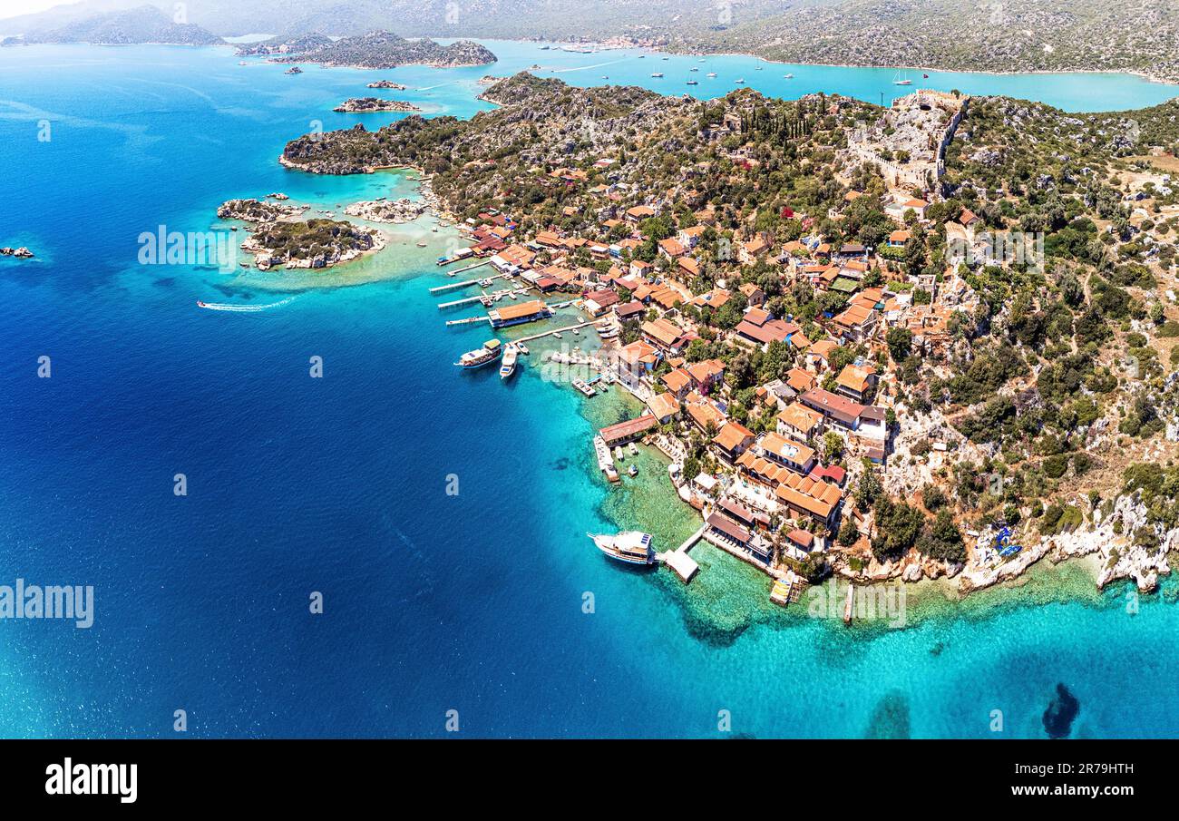 Aerial view of Simena castle and fishing and tourist village Kaleucagiz ...