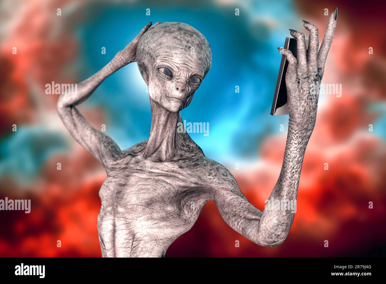 Humanoid alien makes selfie on a space background, 3D illustration ...