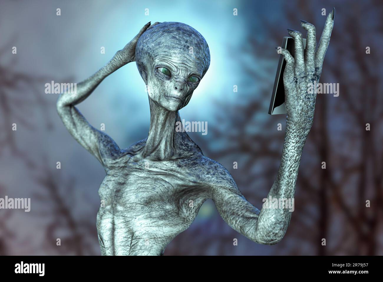 Humanoid alien makes selfie on the Moon background, 3D illustration ...