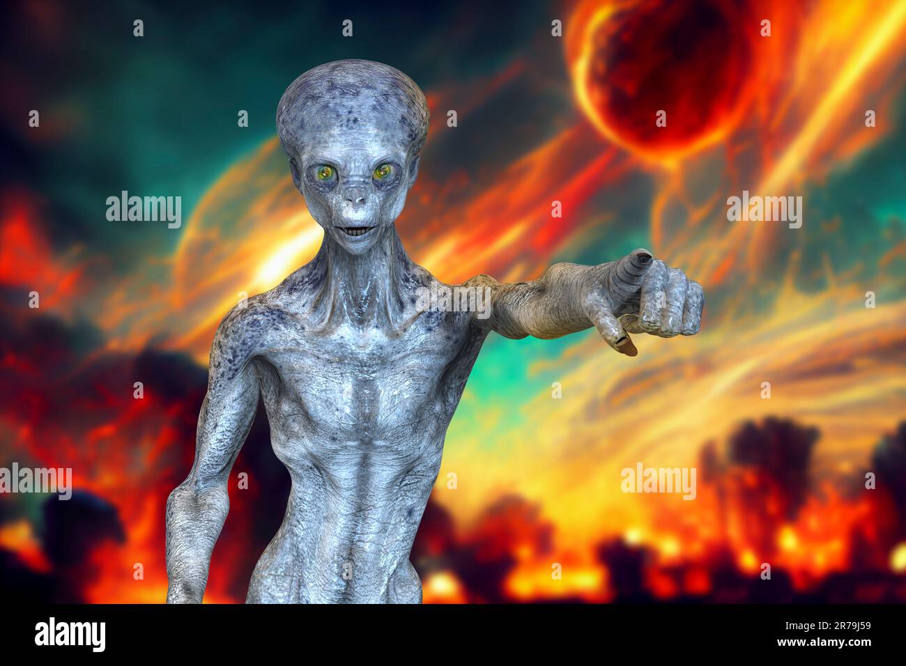 Humanoid alien looking at camera pointing his index finger on space ...