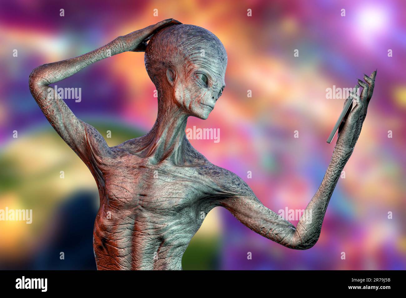 Humanoid alien makes selfie on a space and Earth background, 3D ...