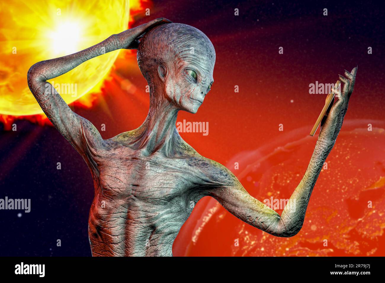 Humanoid alien makes selfie on a background with Solar flare and the ...