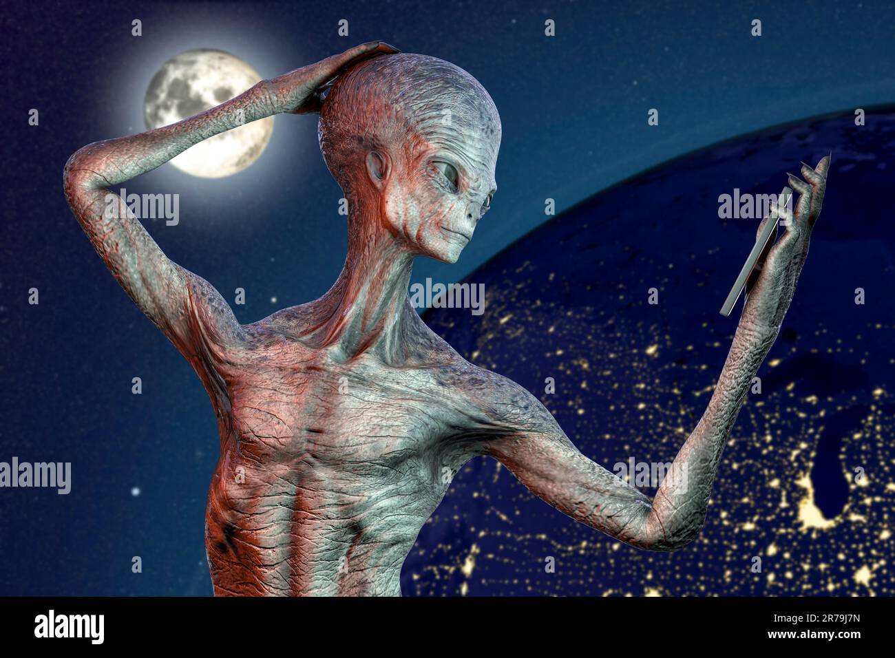 Humanoid alien makes selfie on the Moon and night Earth background, 3D ...
