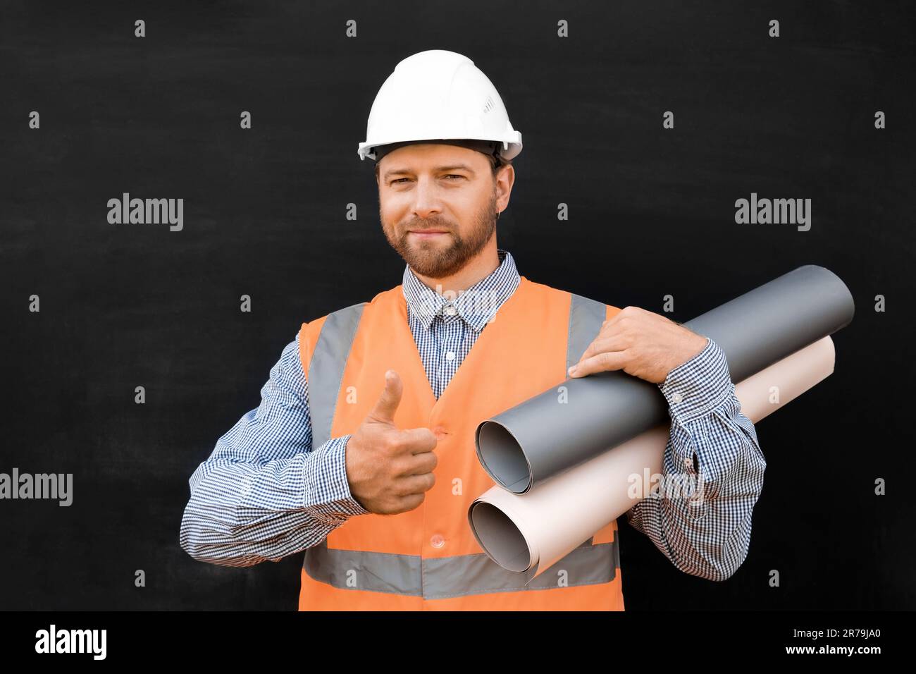 Male Engineer in a White Hard Hats, Orange West. Handsome Confident ...