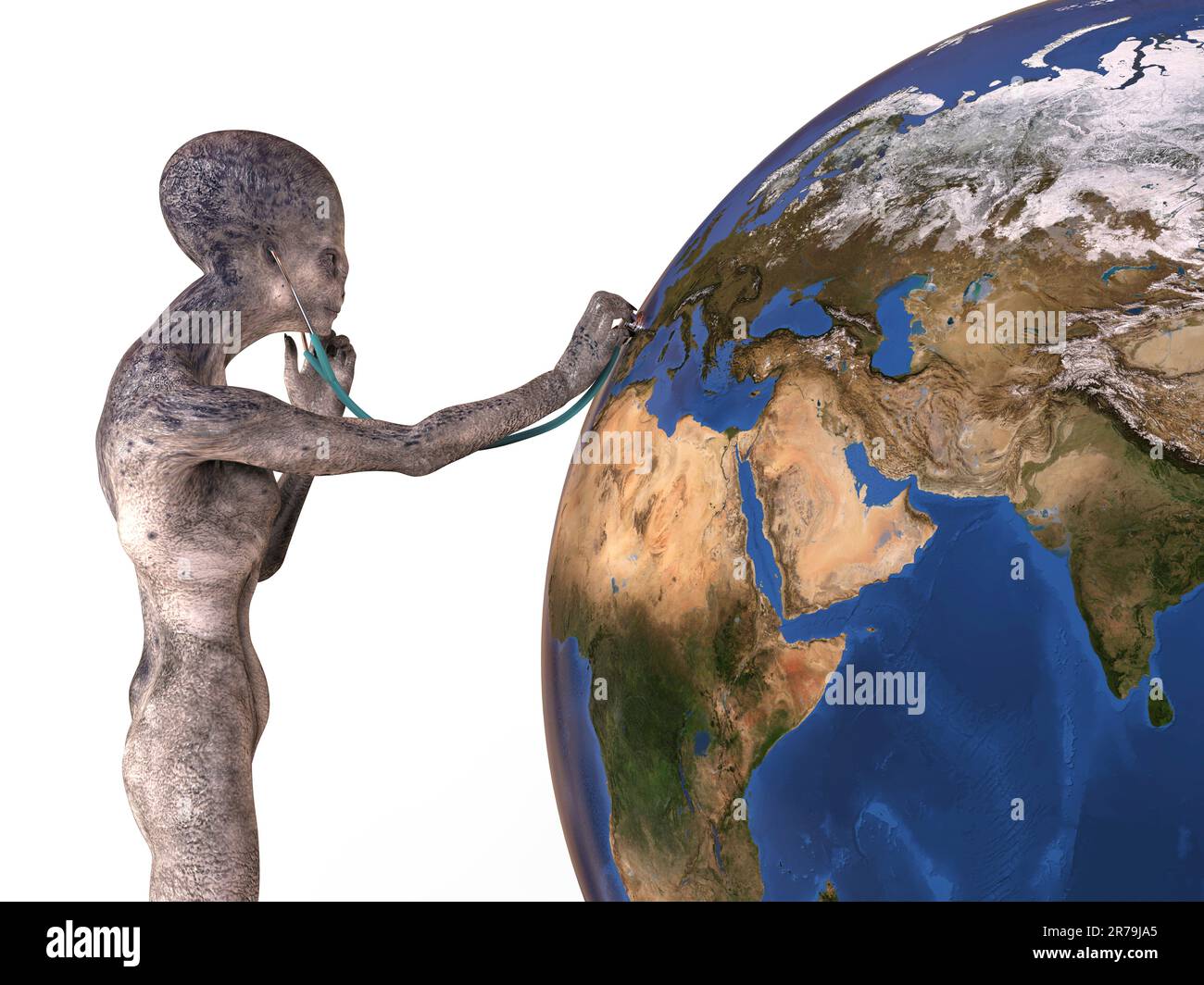 Humanoid alien with medical stethoscope listening the Earth planet ...