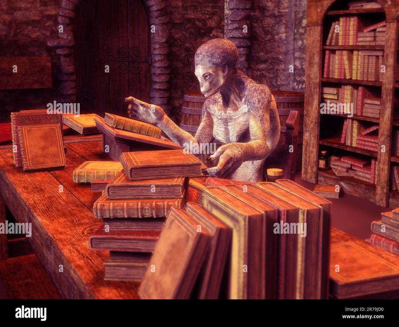Humanoid alien reading a book in an old house with medieval books and ...