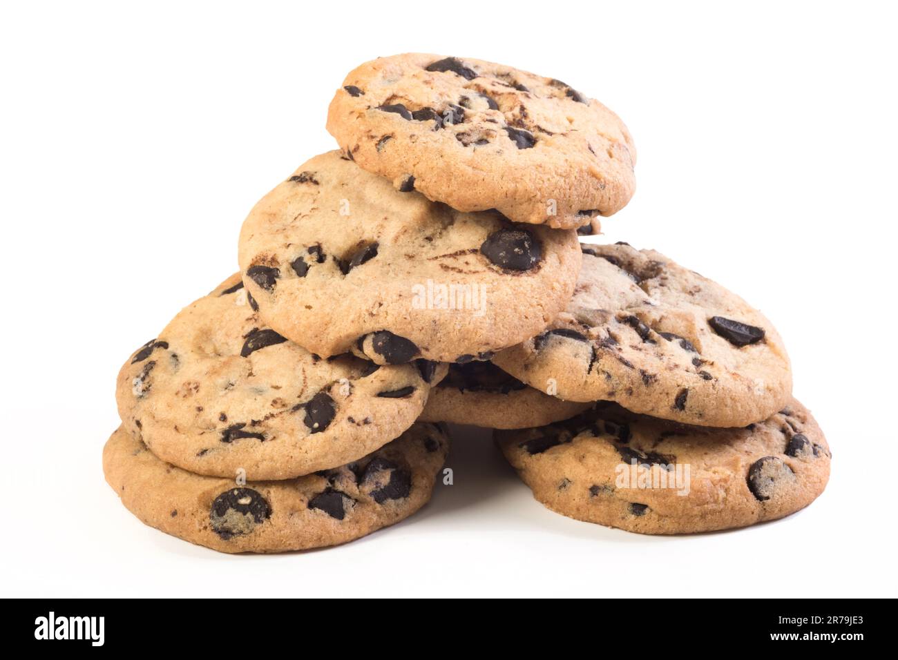 A pyramid of chocolate cookies, a close-up at the white background ...