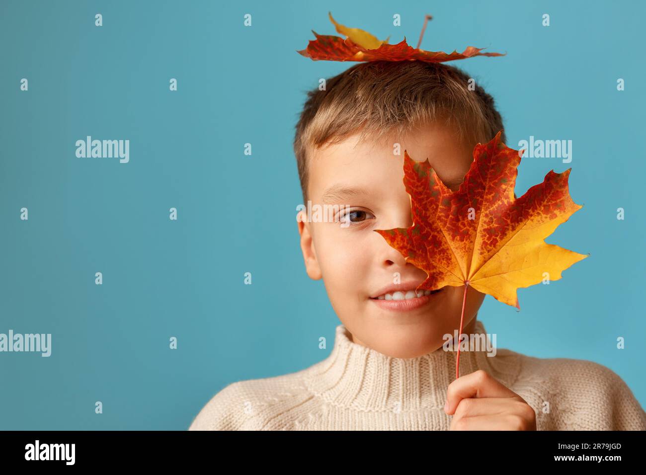 The boy looking through the maple leaf Stock Photo - Alamy
