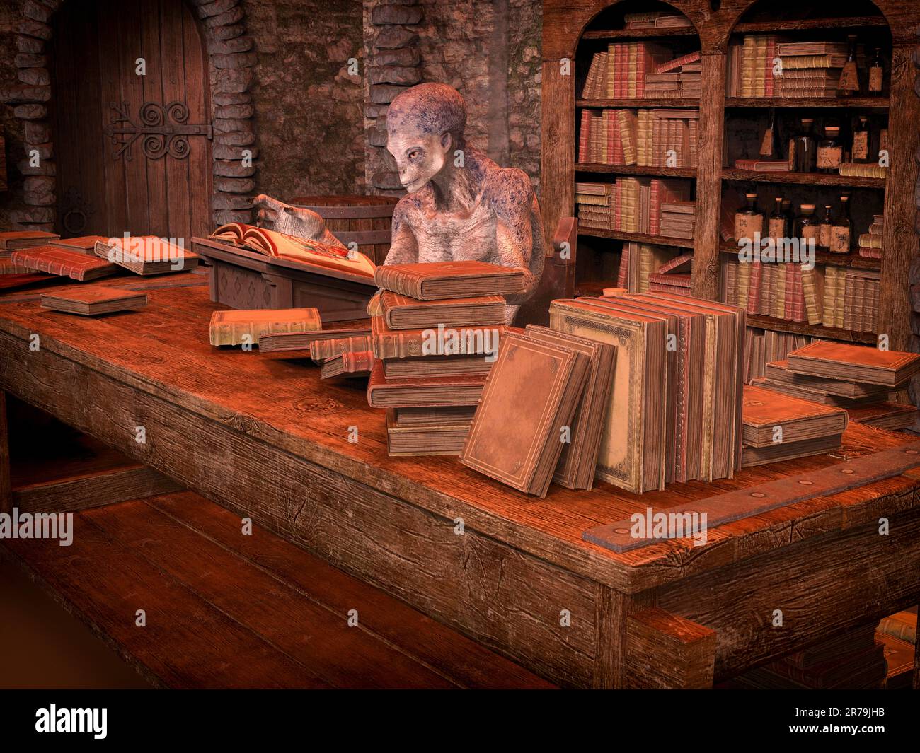 Humanoid alien reading a book in an old house with medieval books and ...