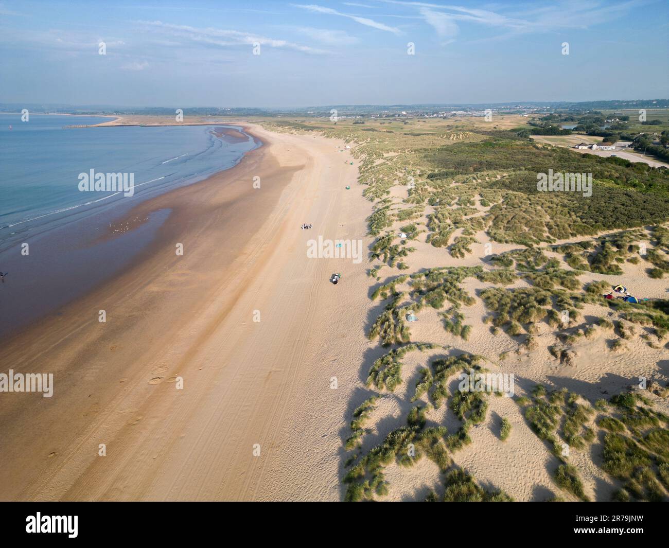 aerial view of the large beach and sand dunes at Camber sands on the ...