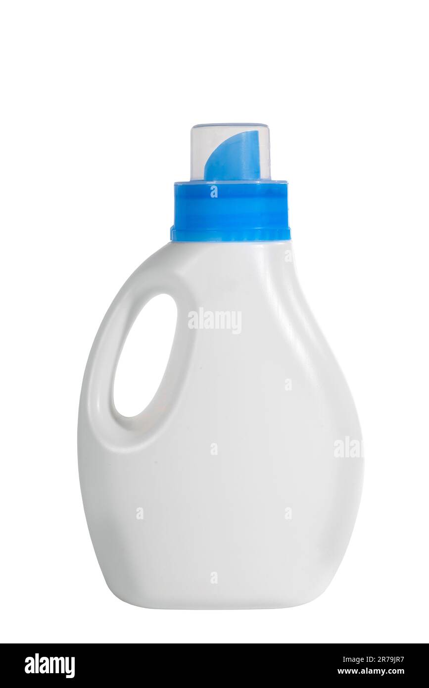 White plastic bottle blue cap isolated on white. Bottle with detergent ...